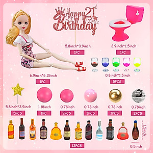 36 PCS Mini Wine Bottles Cake Toppers With 12 Mini Wine Bottles 5 Mini Wine Glasses 1Toilet Toy 1 Beauty Doll 21st Birthday Cake Topper for Celebrating Birthday Girl Party (Pink)