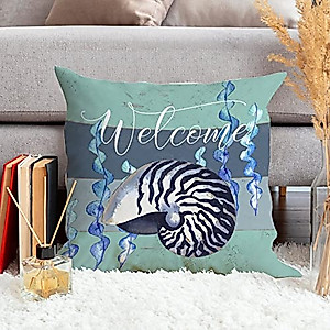 Nautical Throw Pillow Cushion Sea Snail Coastal Ocean Welcome White Linen Sofa Pillow Sailboat Home Decorative Pillowcase with Zippe for Living Room Bedroom 24x24in Birthday Housewarming Gift