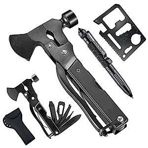 Gifts for Men Him Dad Husband 15 in 1 Multitool Hatchet Saw Hammer Pliers Screwdrivers Multitool Card Pen Camping Accessories Camping Axe Survival Gear Cool Gadgets for Hiking Hunting Birthday