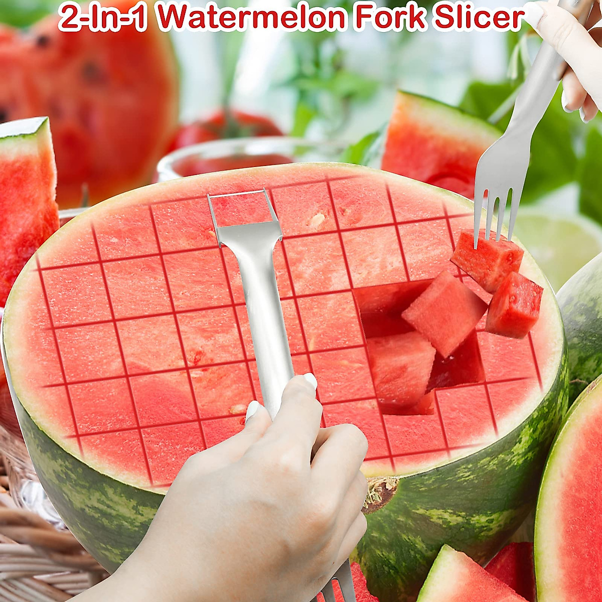 2Pcs Watermelon Fork Slicer Cutter, Stainless Steel 2-in-1 Watermelon Fork Slicer, Portable Watermelon Fork Watermelon Cutter Slicer Tool Fruit Forks Slicer for Home Party Camping Kitchen Gadget