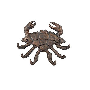 Handcrafted Nautical Decor Rustic Copper Cast Iron Decorative Crab with Six Metal Wall Hooks 7"