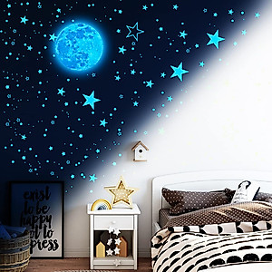 1049Pcs Glow in The Dark Stars and Moon for Ceiling, Wall Bedroom Chirldren's Room Stickers Decals Decor, Boys & Girls' Gifts (Stars and Moon of Blue Light)
