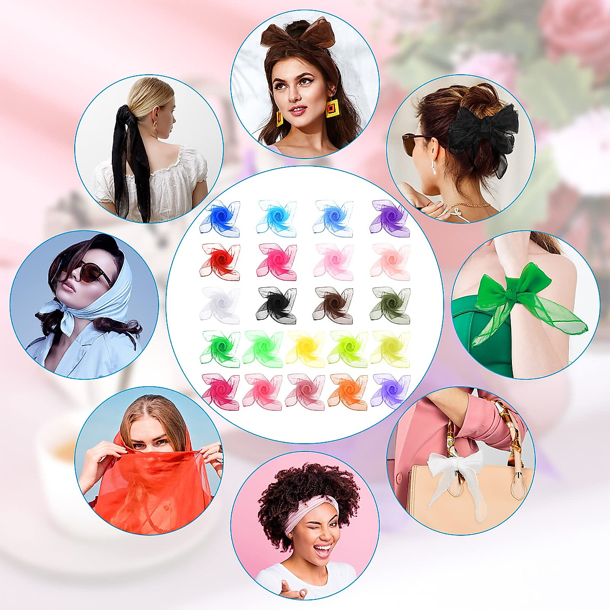 Bokon 22 Pcs 50s Retro Chiffon Sheer Square Neck Head Scarf for Women Handkerchief Lightweight Satin Ribbon Scarf Hemmed Sheer Neck Scarf Juggling Dance Scarf Set, 27.5 x 27.5 Inches