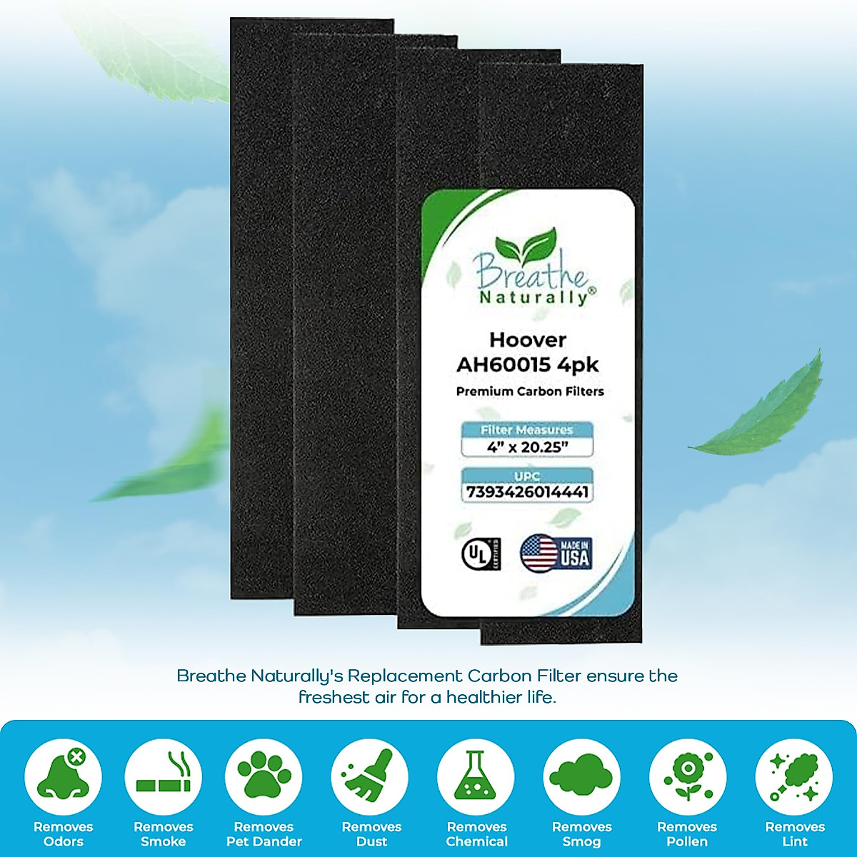 Breathe Naturally - Extra Thick Replacement Carbon Pre-Filters Compatible with Hoover AH60015, WH10040, WH10060 - Premium Carbon Filter Replacement - Made in USA - Perfect for Home & Office(4 pack)