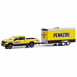 Collectibles Greenlight 32300-D Hitch & Tow Series 30-2018 Titan XD Pro-4X with Enclosed Car Hauler – Pennzoil 1:64 Scale Diecast