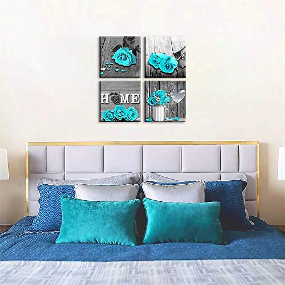 Wall Decor for Living Room Teal Blue Rose Flower Bathroom Decor Bedroom Wall Decor Black and White Canvas Art Home Love Couple Women Gifts Theme Modern Frame Pictures Turquoise Rustic Sets 14 inch