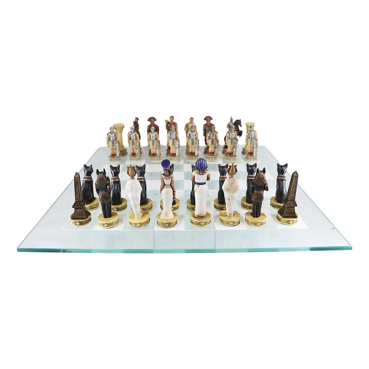 Ebros Gift Historical Themed Chess Set Egyptian Ptolemaic Pharaoh Army VS Augustus Caesar Roman Empire Centurions Resin Sculpted Chess Pieces with Checker Frosted Glass Board Gaming Set