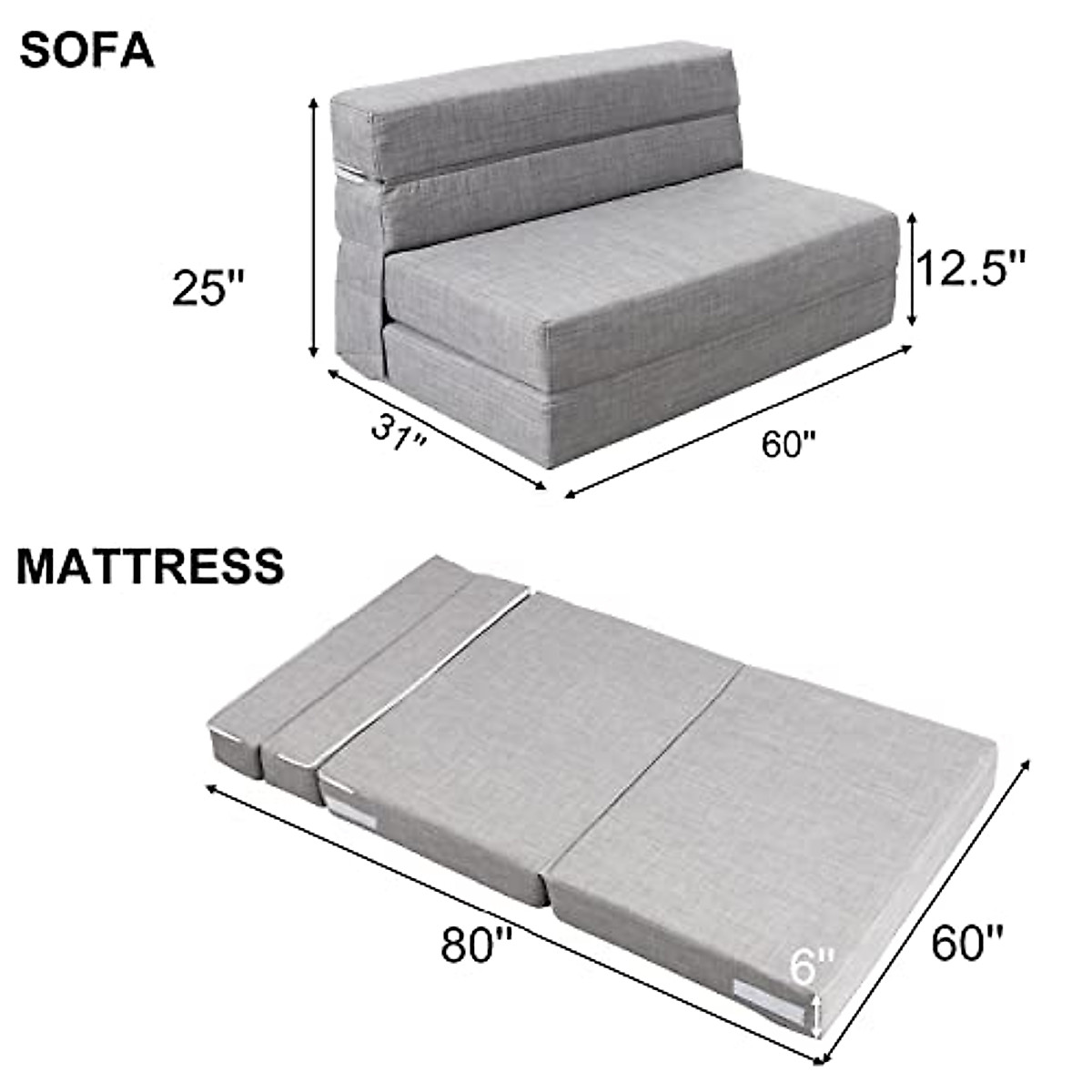 ANONER 60" Folding Sleeper Chair Sofa Bed Lazy Couch with 2 Pillows, Queen Size Memory Foam Washable Cover, Light Gray