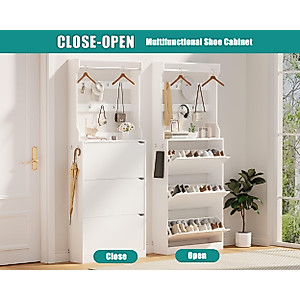 Shoe Cabinet for Entryway with 3 Flip Drawers, White Tall Wood Shoe Storage Cabinet with Coat Rack, Narrow Hidden Slim Freestanding Shoe Rack Organizer, 2 in 1 Hall Tree for Living Room, Hallway