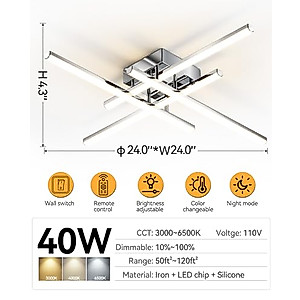 JFHTNFJ 24in Modern LED Ceiling Light, 40W Dimmable with Remote Control Semi Flush Mount Ceiling Light Fixture, Chrome LED Ceiling Lamp for Bedroom Kitchen Living Room