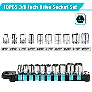 DURATECH 3/8" Drive Socket Set, Metric Socket Set 10PCS, Mechanic Metric Socket Sets with Storage Rack, 6-Point Shallow Socket Set, 8mm, 10mm, 11mm, 12mm, 13mm, 14mm, 15mm, 16mm, 17mm, 19mm