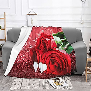 Flannel Throw 60"X50" Rose Flower Fleece Blanket Soft Comfy Pompom Fringe Blanket Throws for Outdoor and Indoor