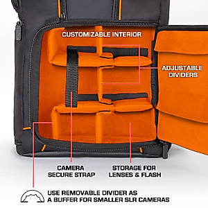 USA Gear DSLR Camera Backpack Case - 15.6 inch Laptop Compartment, Padded Custom Dividers, Tripod Holder, Rain Cover, Long-Lasting Durability and Storage Pockets - Compatible with Many DSLRs (Orange)