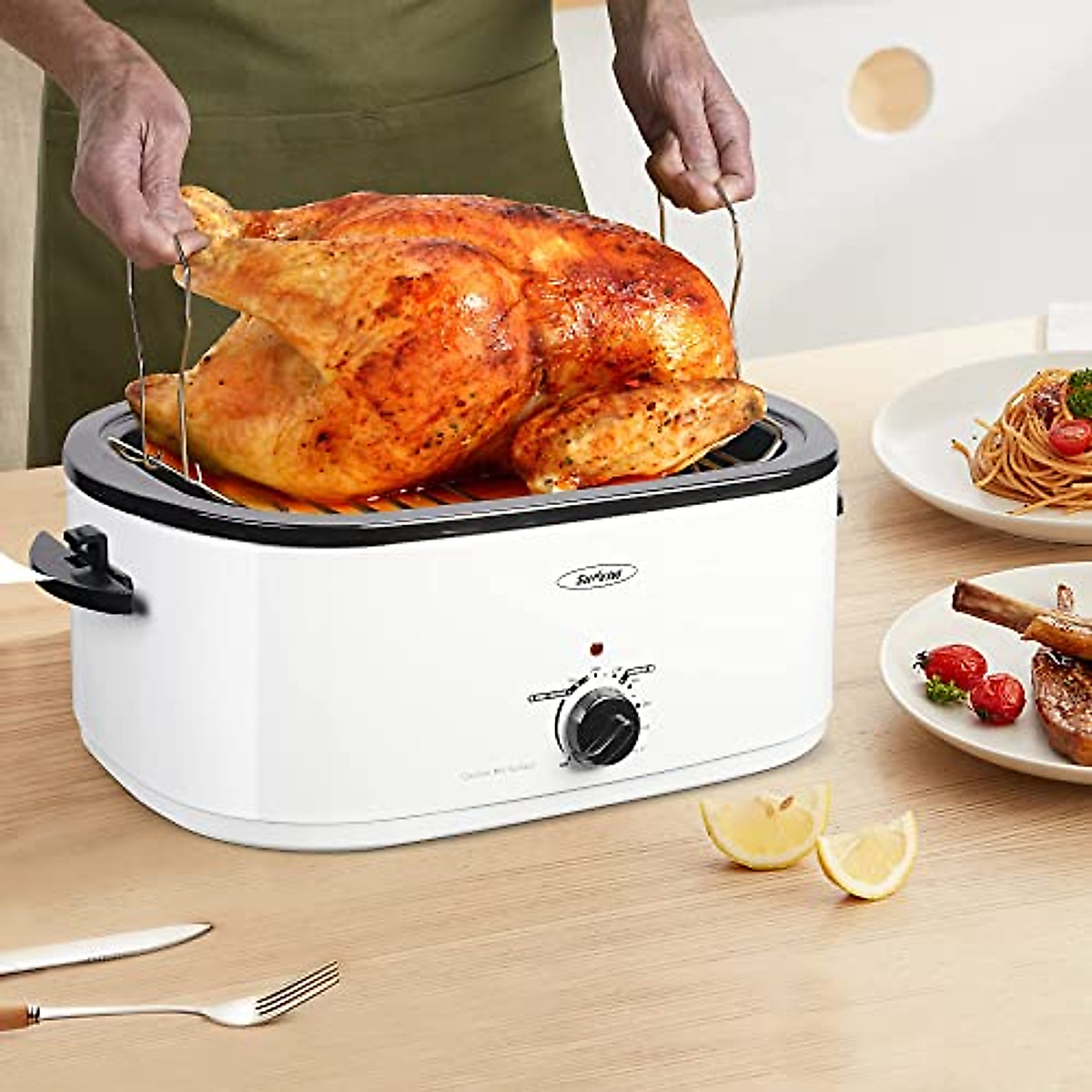 Electric Roaster, Roaster Oven 26 Quart with Self-Basting Lid, Turkey Roaster Oven with Removable Pan and Rack, Adjustable Temperature Control Powerful 1450W Stainless Steel Roaster Oven, White