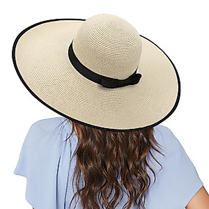 Naivlizer Women Wide Brim Sun Hat UPF50 Straw Summer Hat Floppy Beach Hat Roll-Up,Beige