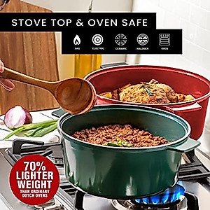 Granitestone Lightweight Dutch Oven Pot with Lid, 5 Qt Nonstick Dutch Oven Stock Pot, 10 in 1 Enamel Cooking Pot & Dutch Oven for Bread Baking, Stovetop Oven & Dishwasher Safe, 100% Toxin Free–Red