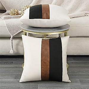 Merrycolor Faux Leather and Linen Throw Pillow Covers Black and White Pillows Decorative Throw Pillows Covers Brown Square Modern Farmhouse Accent Pillow Case 18 x 18 Inch (Black and White)