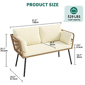 YITAHOME Wicker Outdoor Loveseat, All-Weather Patio Sofa for Balcony, Backyard, Pool, Porch, Deck, Outdoor Sectional Furniture Set with Table & Cushions - Beige