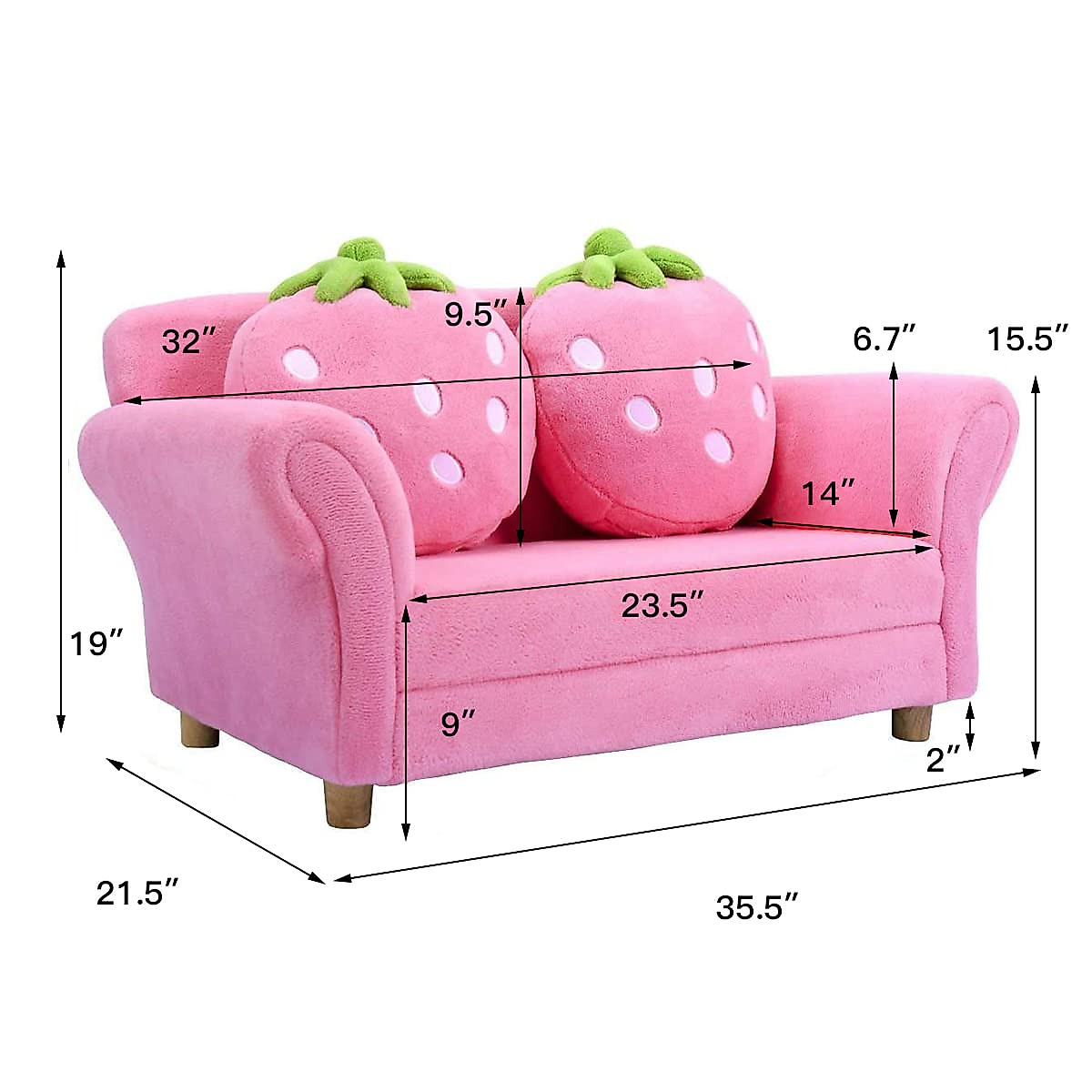 ARLIME Kids Sofa, Upholstered Toddler Couch Chair with Ergonomic Back & 2 Strawberry Pillows, Double Seat Toddler Armchair for Boys Girls