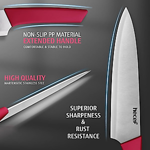 hecef Kitchen Knife Block Set, 12 Pieces Knife Set with Wooden Block & Steak Knives Set, Lightweight and Strong High Carbon Stainless Steel Cutlery Set, Extended Handle Design