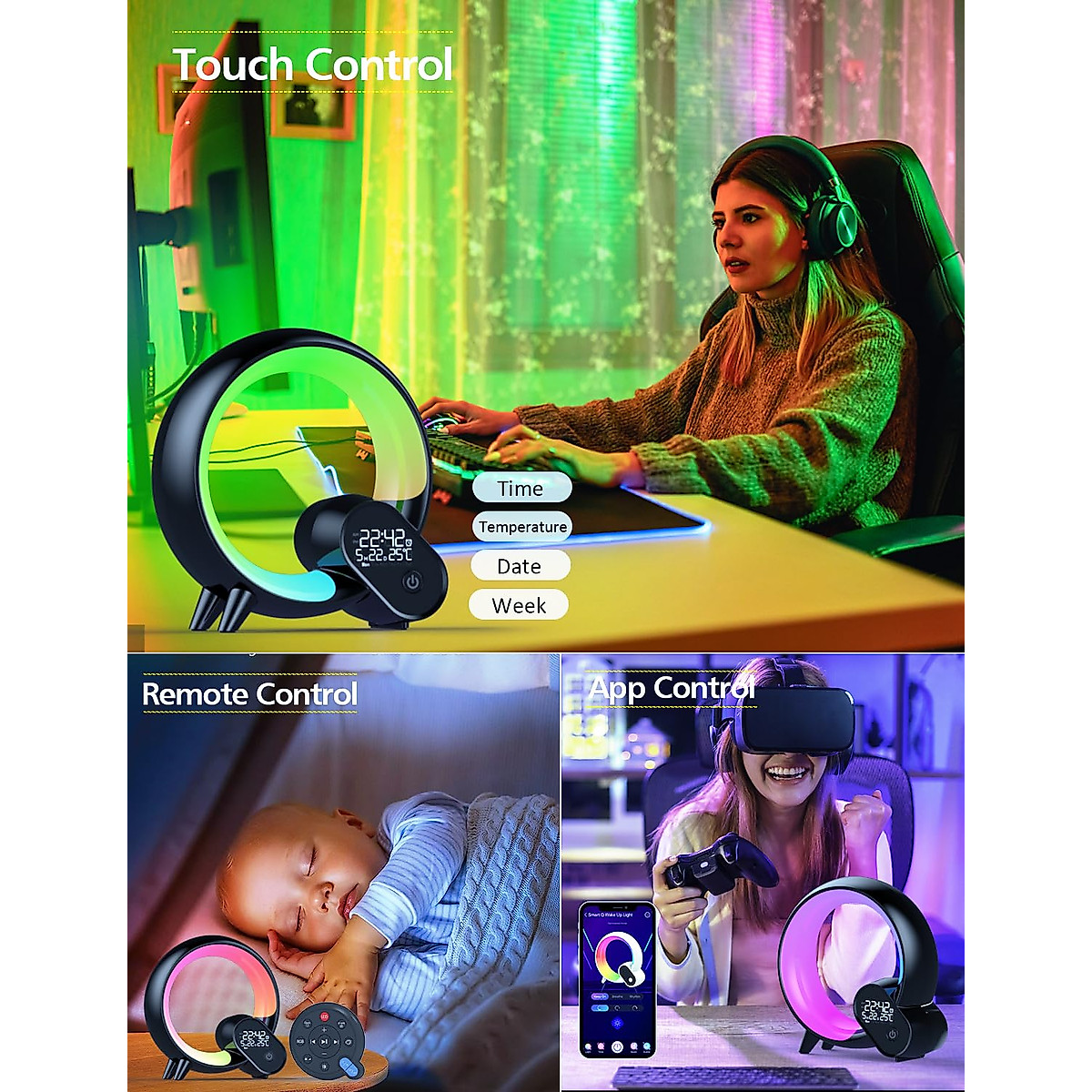 Smart Night Light for Kids,Wake Up Light Sunrise Alarm Clock,Ambient Light & Sleep Assistant 15 Soothing Sounds Baby Night Light,App,Bluetooth Speaker,Bedside Lamp,Timer,Remote Control,Ideal for GIF