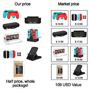 Switch Accessories Bundle for Nintendo Switch, Kit with Carrying Case, Screen Protector,Charging Dock,Compact Playstand,Protective Case,Game Case,Joystick Cap,Grip (16-in-1)