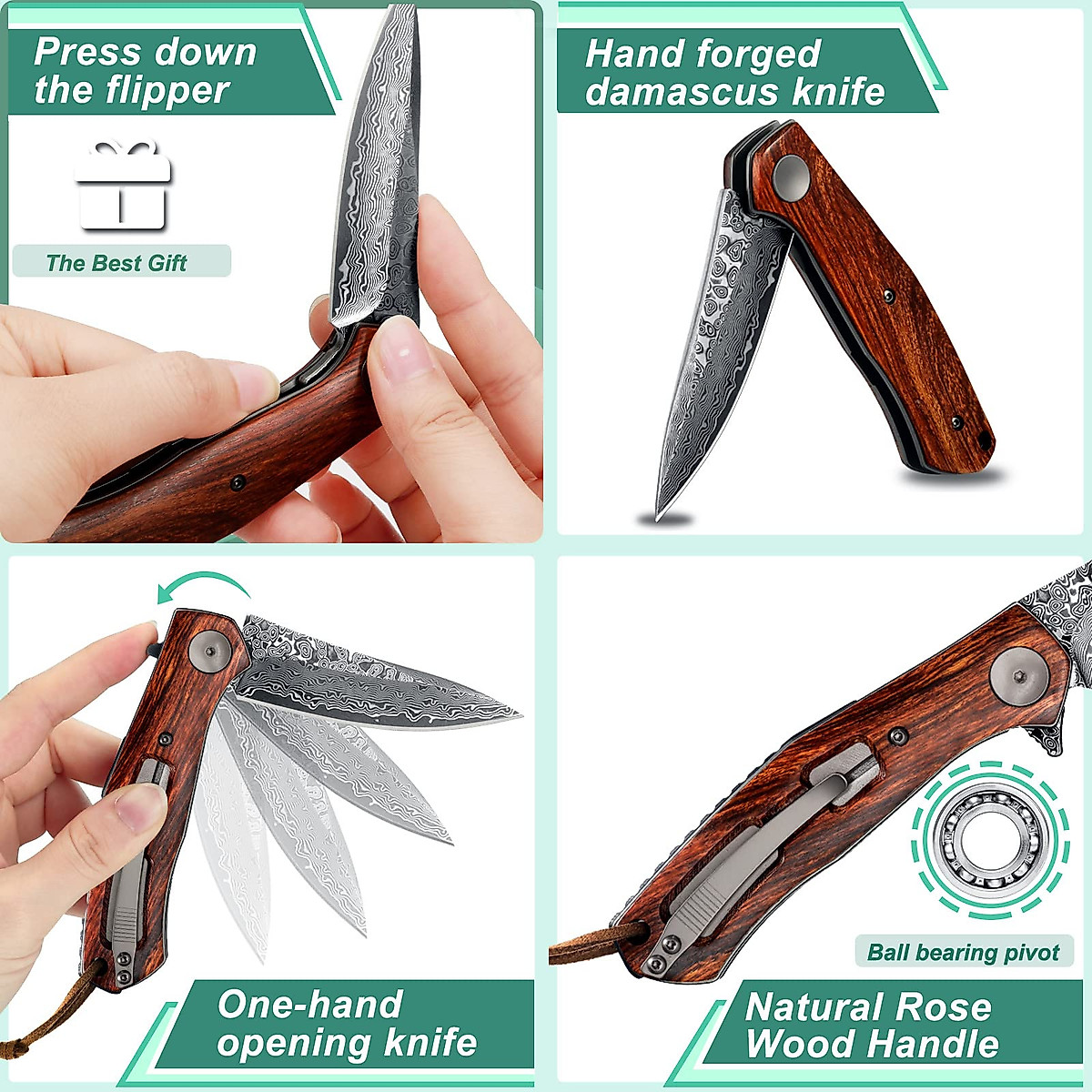 Benkey Damascus Folding Knife with Clip Leather Sheath Camping Knife EDC, Sharp Damascus Pocket Knife Handmade with Liner Lock and Wood Handle for Outdoor Survival Hunting Collection