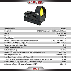 C-MORE Systems Micro Red Dot Sight RTS2B V5 Plus Rail Mount, 3 MOA, 1x Magnification, Made of Aircraft Grade Aluminum, Ultra Bright, All Weather, Waterproof, Lightweight, Matte Black Finish