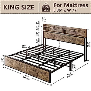 IRONCK King Size Bed Frame, Bookcase Headboard with Charging Station, Platform Storage Bed, Solid and Stable, Noise Free, No Box Spring Needed, Rustic Maple