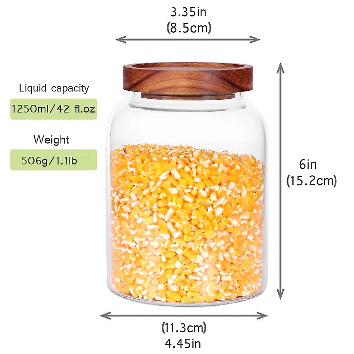 Glass Storage Jars with Airtight Lids, Set of 2 42 FL OZ (1250ml) coffee container with Wooden Lid, Glass Pantry Canister for Beans, Rice, Sugar and etc (6.3 inch high)
