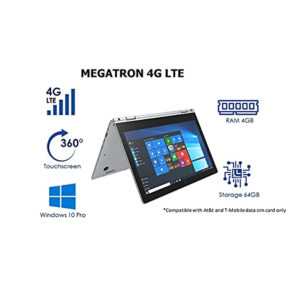 IVIEW Megatron 4G LTE 14.1" Touch Screen, 1920 × 1080 IPS High Resolution, Intel Celeron Dual Core 4GB/64GB Storage 360° Convertible Laptop