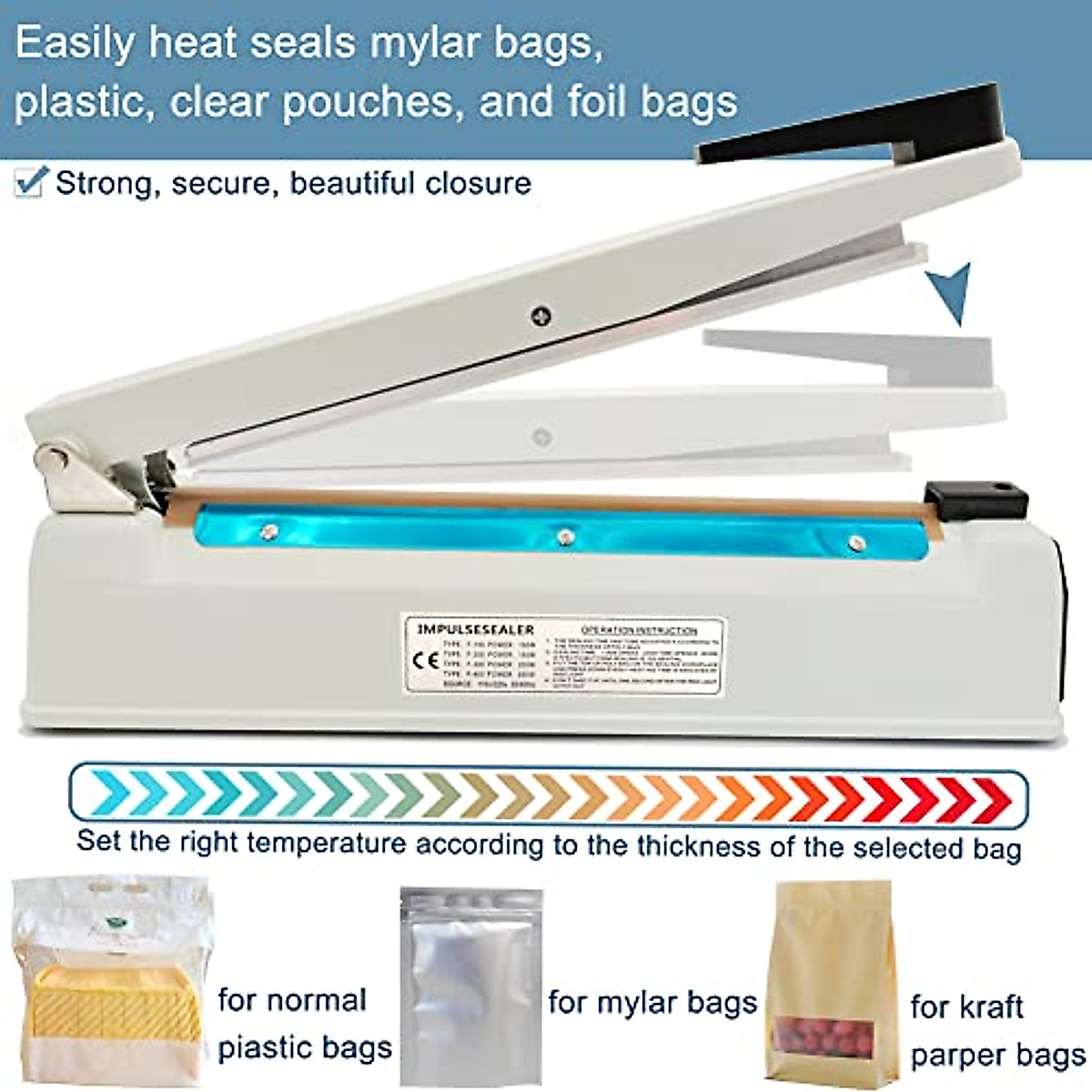 Impulse Heat Sealer 16 inch Mylar Bag Sealer, Heat Sealer for Plastic Bags, Metal Iron Shell, Impulse Sealer 3mm Sealing, Manual Hot Seal Machine with 8 Free Repair Kits(Included 4 Cutter Lines)