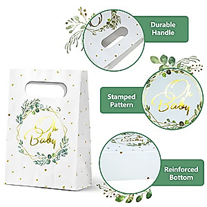 WEEPA 24 Pcs Greenery Eucalyptus Oh Baby Paper Gift Bags Neutral Baby Shower Treat Sack White Kraft Paper Bags, 5.5 * 2.5 * 8.5 inch
