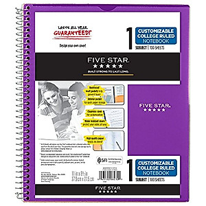 Five Star Spiral Notebook, 1 Subject, College Ruled Paper, 100 Sheets, 11" x 8-1/2" Sheet Size, Customizable Cover, Color Selected For You, 1 Count (08230)