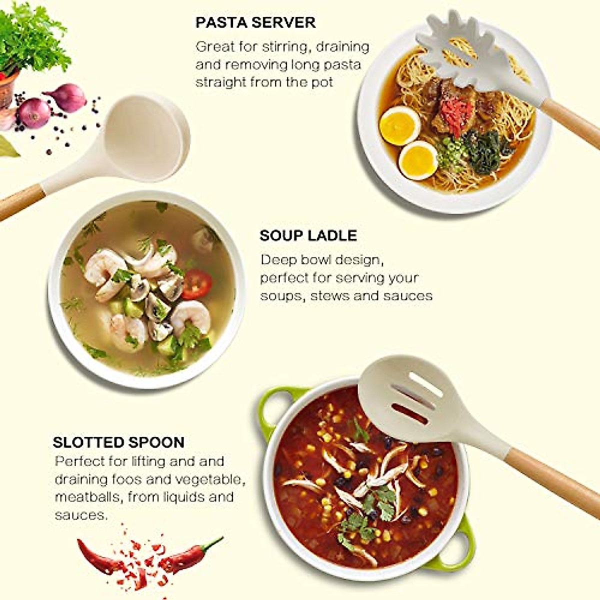 Kinfayv Silicone Cooking Utensils Kitchen Utensil Set, 21 PCS Wooden Handle Nontoxic BPA Free Silicone Spoon Spatula Turner Tongs Kitchen Gadgets Utensil Set for Nonstick Cookware with Holder (Khaki)