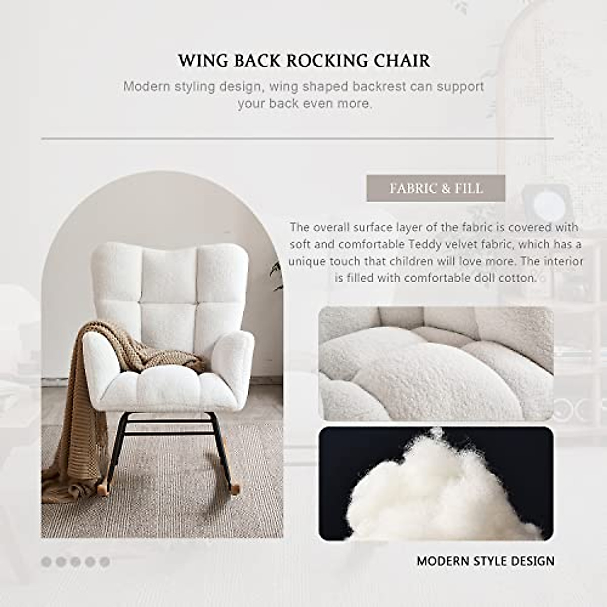 Ljirnt Nursery Rocking Chair, Teddy Fabric Upholstered Glider Rocker with High Backrest, Modern Rocking Accent Chairs Comfy Side Chair for Nursery, Bedroom, Living Room (Ivory)