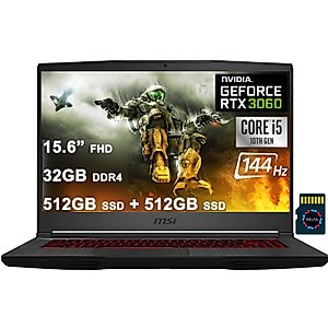 MSI GF65 Thin Premium Gaming Laptop I 15.6” FHD IPS 144Hz I Intel 6-Core i5-10500H (>i7-9750H) I 32GB DDR4 512GB SSD + 512GB SSD I GeForce RTX 3060 6GB USB-C Backlit Win10 + 32GB MicroSD Card