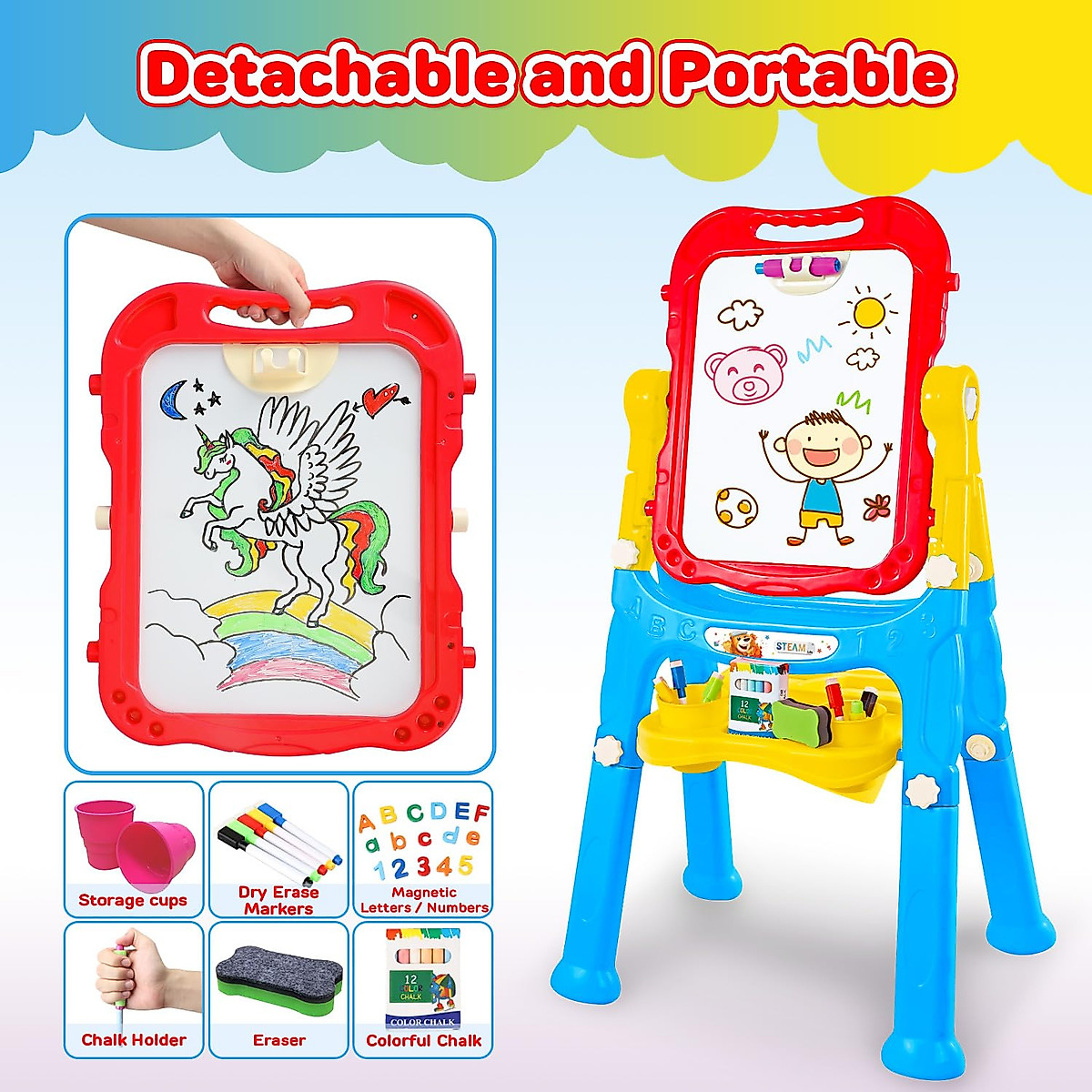 STEAM Life Easel for Kids Art Easel for Toddler Easel - 4in1 Double-Sided Large Magnetic Board Kids Chalkboard Easel Drawing White Board for Kids Magnetic Letters & Numbers Christmas Gifts for Kids