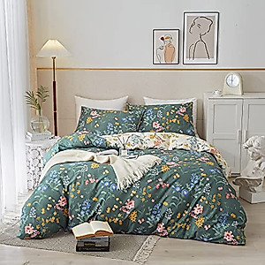 PinkMemory Green and White Duvet Cover Queen 100% Cotton, Garden Flower Pattern Bedding Duvet Cover Set Full Queen with Pillowcases Soft Durable Zipper-No Comforter Insert