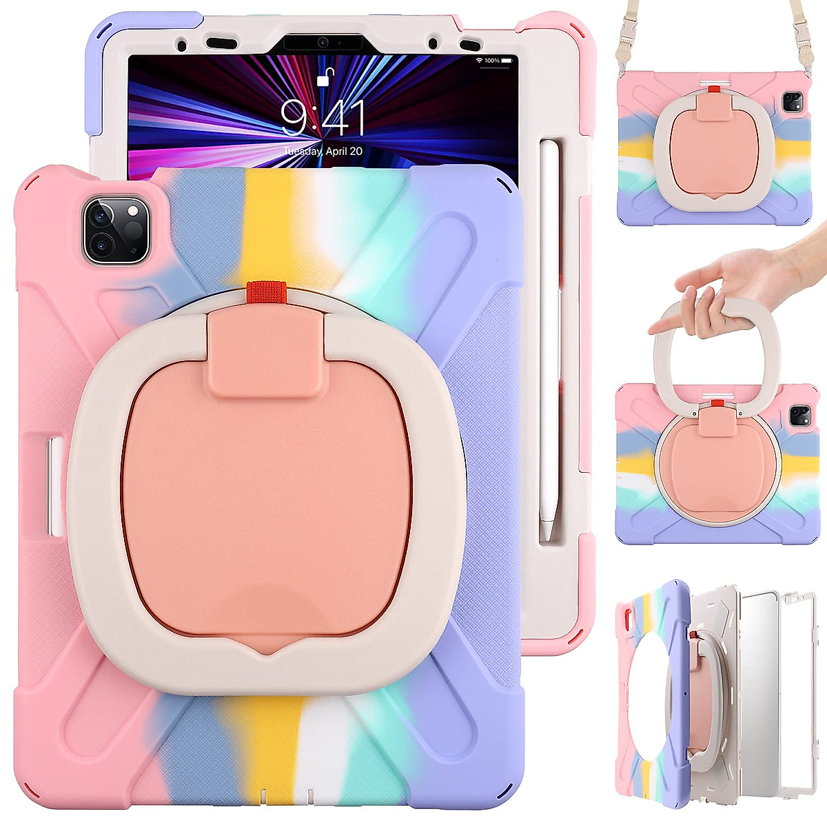 MEEgoodo Case for iPad Air 13 inch (M2) 2024 & iPad Pro 12.9 Case 6th/5th/4th/3rd Generation 2022 2021 2020 2018, Tablet Cover with Pencil Holder/Rotating Stand/Shoulder Strap for Kids, Colourful Pink