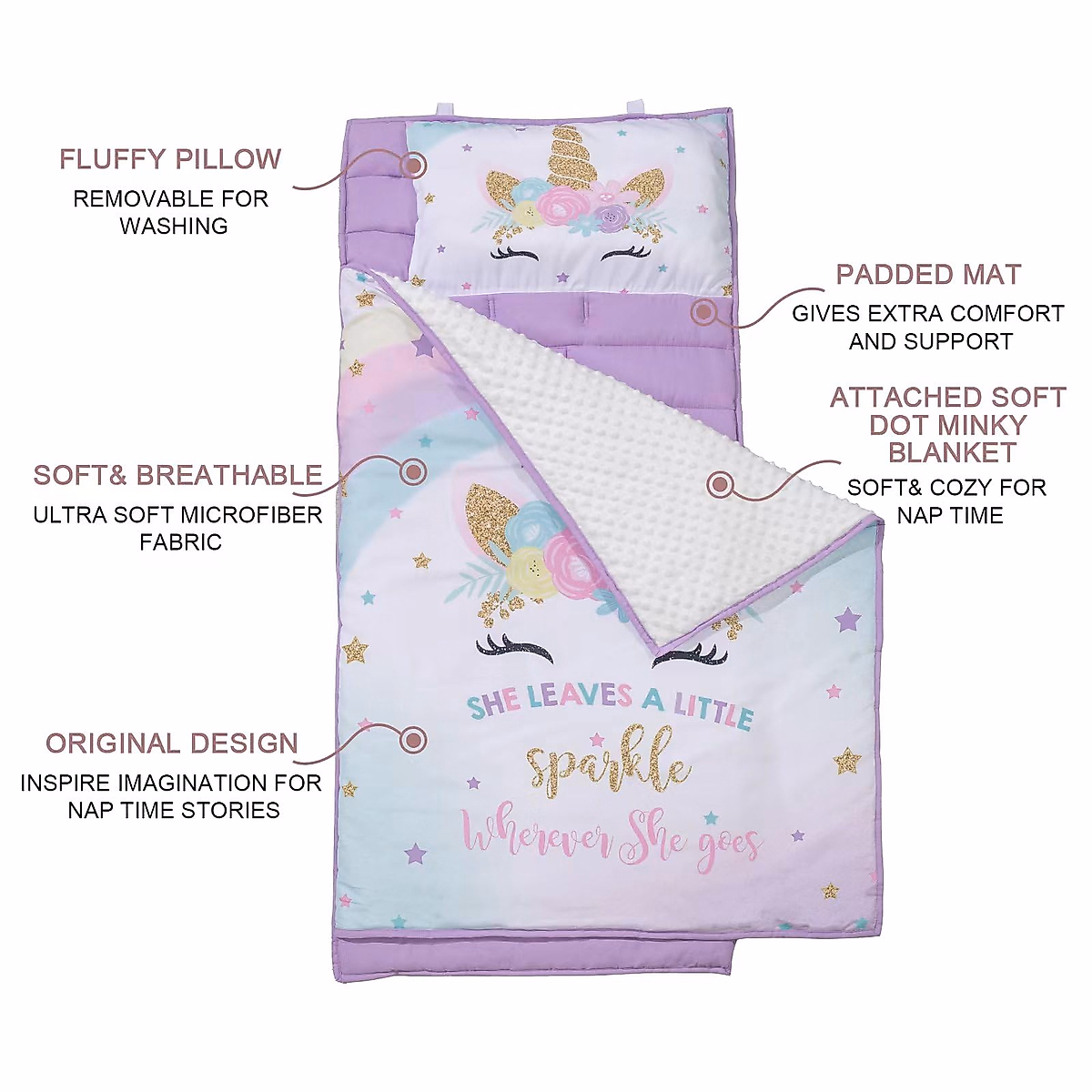 Extra Large Toddler Nap mat by Cokouchyi, Toddler Sleeping Bag with Removable Pillow, Measures 53 x 21 x 1.5 Inches, Sleeping Mat for Girls, Ideal for Daycare and Preschool Kindergarten, Unicorn