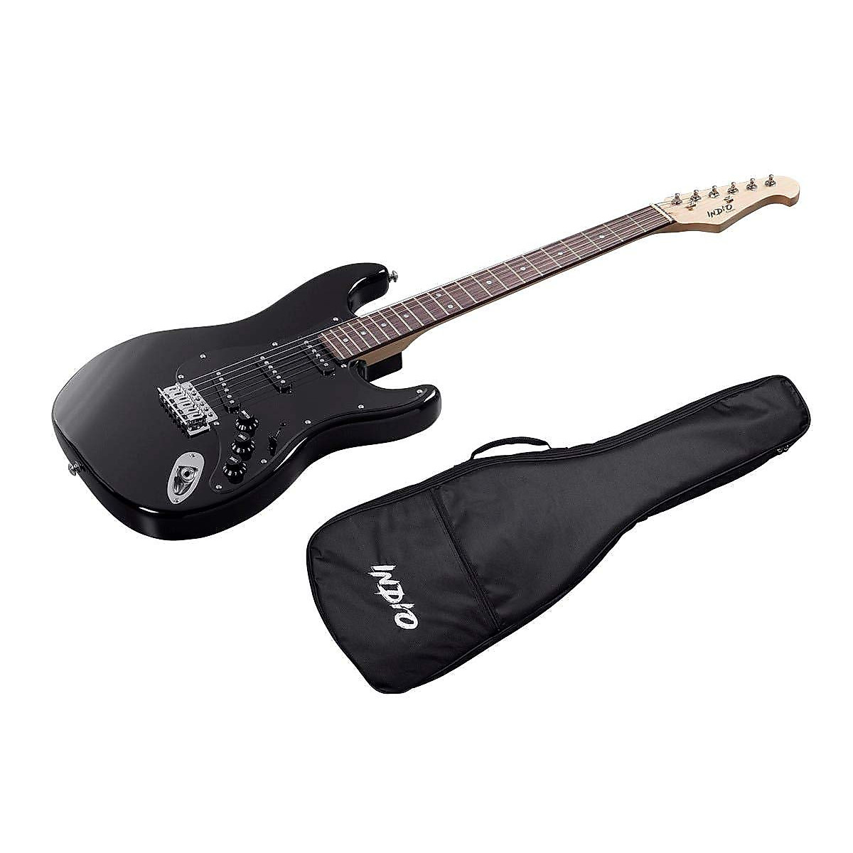 Monoprice Cali Classic Electric Guitar - Black, 6 Strings, Double-Cutaway Solid Body, Right Handed, SSS Pickups, Full-Range Tone, With Gig Bag, Perfect for Beginners - Indio Series