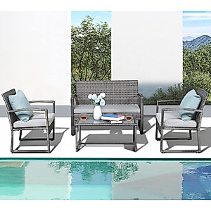 Patiorama 4 Pieces Outdoor Patio Furniture, Wicker Conversation, Rattan Chair, Modern Bistro Set with Coffee Table, Garden Balcony Backyard Poolside (Light Grey)