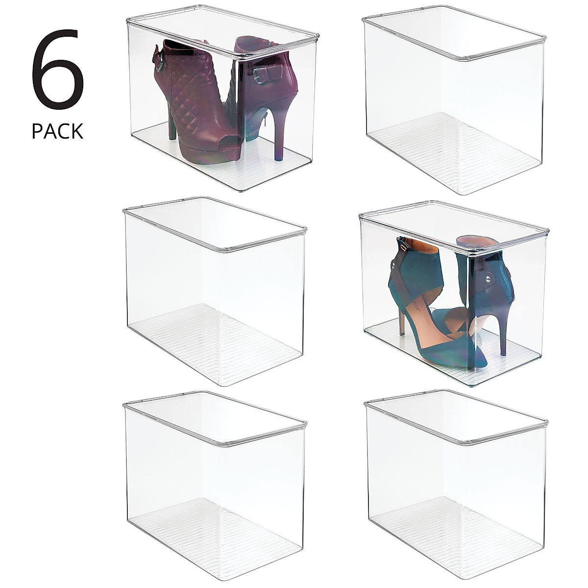 mDesign Stackable Plastic Closet Storage Container Shoebox with Hinge Lid - Individual Transparent Storage Organizer Containers for Shoes - Ligne Collection, 6 Pack, Clear