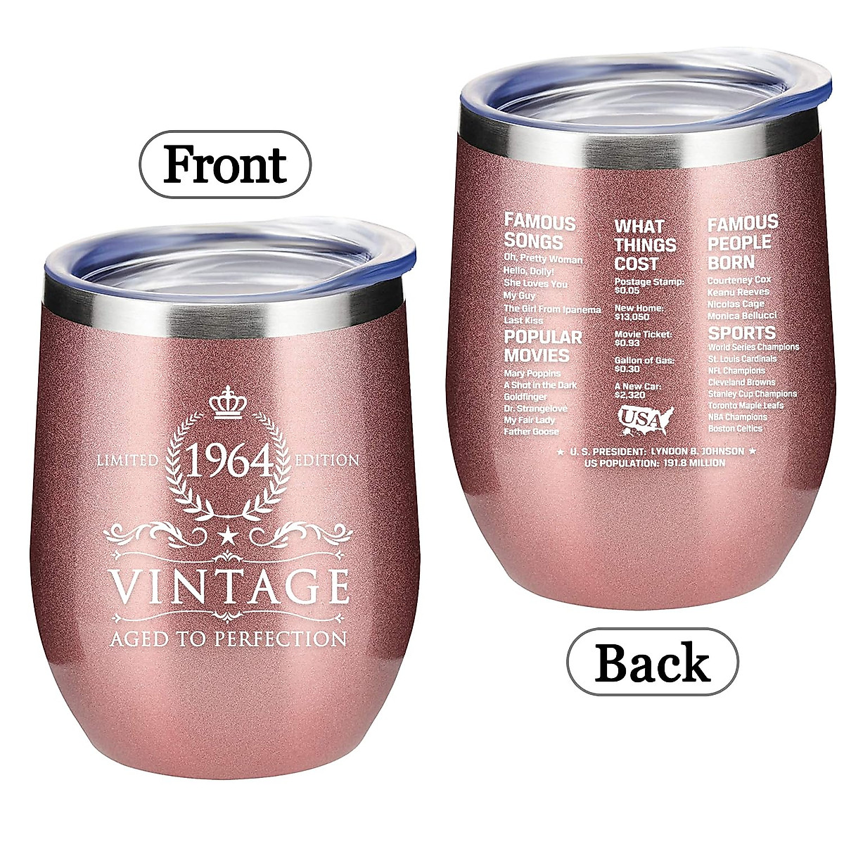60th Birthday Gifts for Women and Men - 1964 60th Birthday Decorations - 12 Oz Insulated Stainless Steel Wine Tumbler with Lid for Her Wife Mom Grandma Aunt Friend, Rose Gold