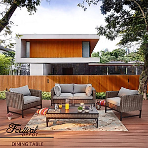 Festival Depot Patio Table Rattan Woven Wicker Coffee Table with Aluminum Tabletop All Weather Outdoor Furniture for Backyard Porch Garden (H Shaped Leg),Brown