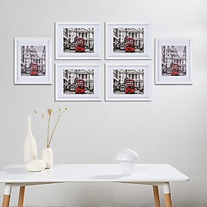 11x14 Picture Frame Set of 6, Display Pictures 8x10 with Mat or 11x14 without Mat, Tabletop Display and Wall Hanging, Made of Solid wood, Classic photo Frame for Wall Gallery Home Decor, White