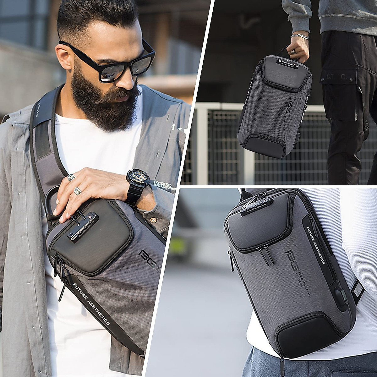 iubest Sling Bag for Men, Shoulder Bag Anti Theft Crossbody Backpack with USB Charging Port, Water Proof Casual Sling Backpack with TSA Lock for Hiking, Outdoor (Grey )