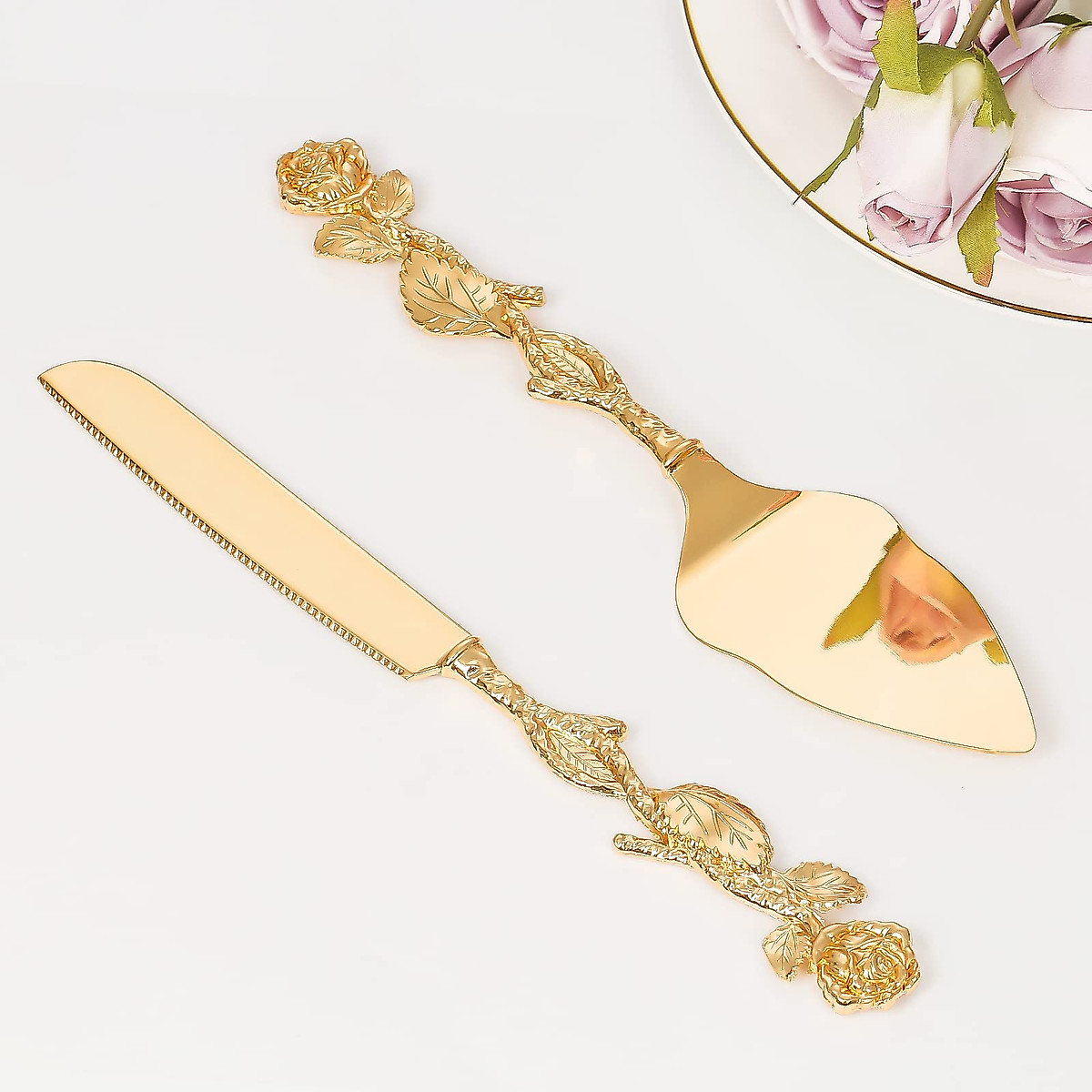 TUKDAK Cake Cutting Set for Wedding, Personalized Gold Cake Knife and Server Set, Custom Cake Serving Set, Engraved Pastry Pie Server Cake Pizza Cutter, Birthday Bridal Gift (F-Rose)