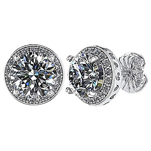 NANA Jewels Womens 925 Sterling Silver 7.5mm-3.00ct Rhodium Plated, Hypoallergenic Round Halo Stud Earring